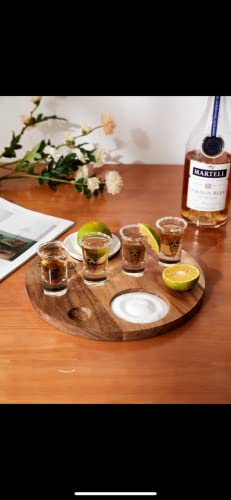 de la Cruz Tequila Flight Board with Salt Rim, Includes 4x Shot Glasses and Ceramic Plate Handmade Board, Glass Holder, Bar Party Serving Tray, Family Dinner Party, Gift for Friend