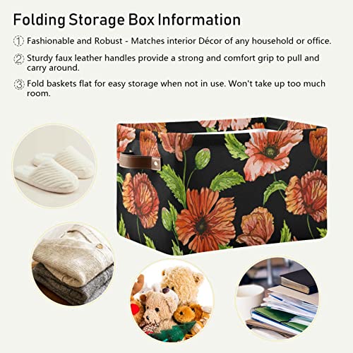Red Poppy Square Storage Basket Flowers Black Storage Bins Canvas Toys Box Closet Shelf Decorative Organizer Bag with Handles for Bedroom Home Office, 1 Pc
