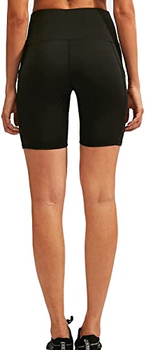 COTOP Women High Waist Workout Shorts Yoga Biker Running Compression Athletic Exercise Shorts Side Pockets Black