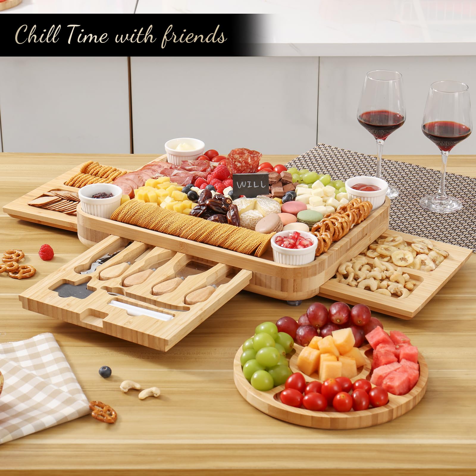 KHINYA Charcuterie Boards - Cheese Board Set, Charcuterie Board with Lid, Gifts for Women, Cheese Plate for Housewarming, Convenient Lid Design with Handle (3 Drawers Black)