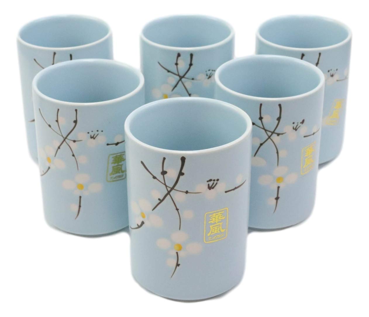 Ebros Gift Pack Of 6 Japanese Sakura Cherry Blossom Floral Branches Pastel Sky Blue Porcelain 10oz Tea Cup Set Teacups Home Kitchen Restaurant Decorative Accent