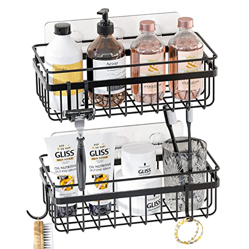 Shower Caddy Shelf Organizer, Self Adhesive Shower Shelves for Tiles Walls, Shower Rack Storage for Inside Shower No Drilling, Bathroom Shower Organizer Rustproof Stainless Steel, 2 Pack, Black