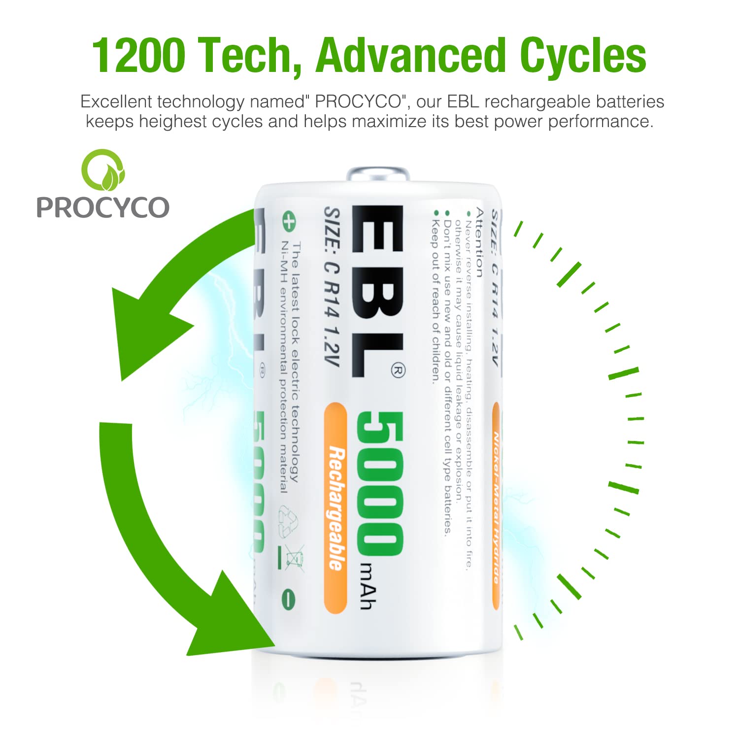 EBL C Batteries High Energy 5000mAh Ready2Use C Rechargeable Battery Cells, 4 Counts