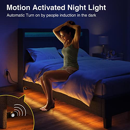 Rolanstar Bed Frame Twin Size with Headboard, Upholstered Platform Bed Frame Twin with LED Lights and USB Ports, Motion Activated Night Light & Solid Wood Slats, No Box Spring Needed, Dark Grey