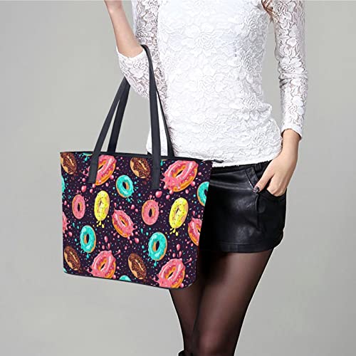 Donut Pink Chocolate Women's Tote Bag PU Leather Shoulder Bag Handbags Purse For Work Shopping Travel
