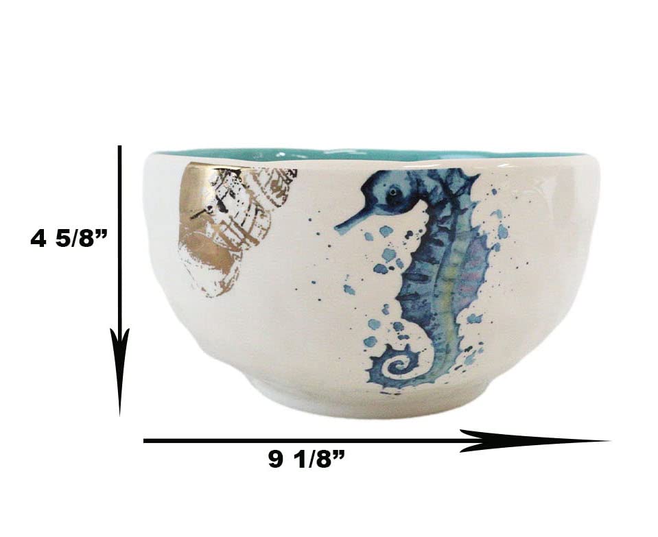 Ebros Nautical Marine Coastal Sea Life Blue And White Seahorse Ceramic Dinnerware For Beach Party Hosting Kitchen And Dining Earthenware Serveware (Large Pasta Noodles Salad Soup Serving Bowl 95oz)
