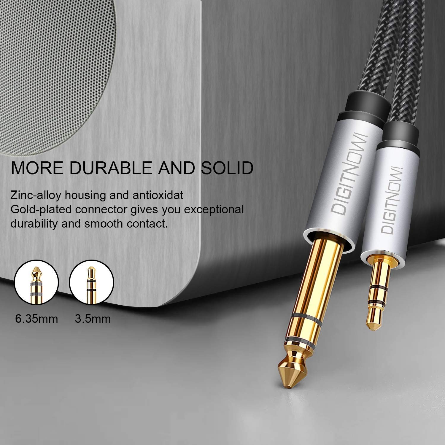 DIGITNOW 6.35mm 1/4" to 3.5mm 1/8" Male TRS Stereo Audio Cable with Alloy Housing and Nylon Braid for Smartphone, PC, Home Theater, Amplifier and Mixing Console, 6.6Ft