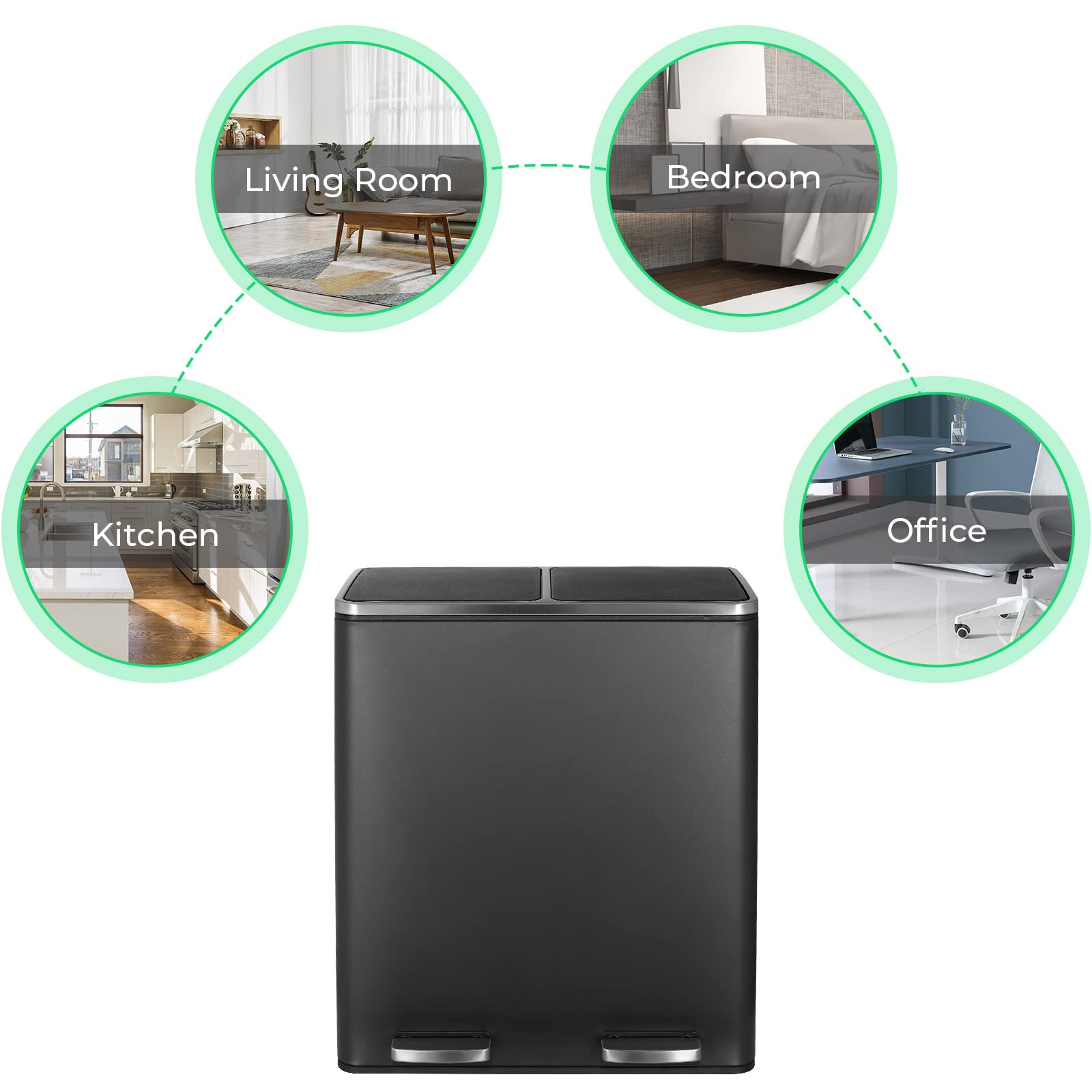 Clevich Metal 16 Gallon/60-Liter Trash Can, Double Compartment Classified Step Trash Can with Lid, includes 2 x 8 Gallon (60L) Removable Buckets, Airtight Rubbish Bin for Kitchen (Black)