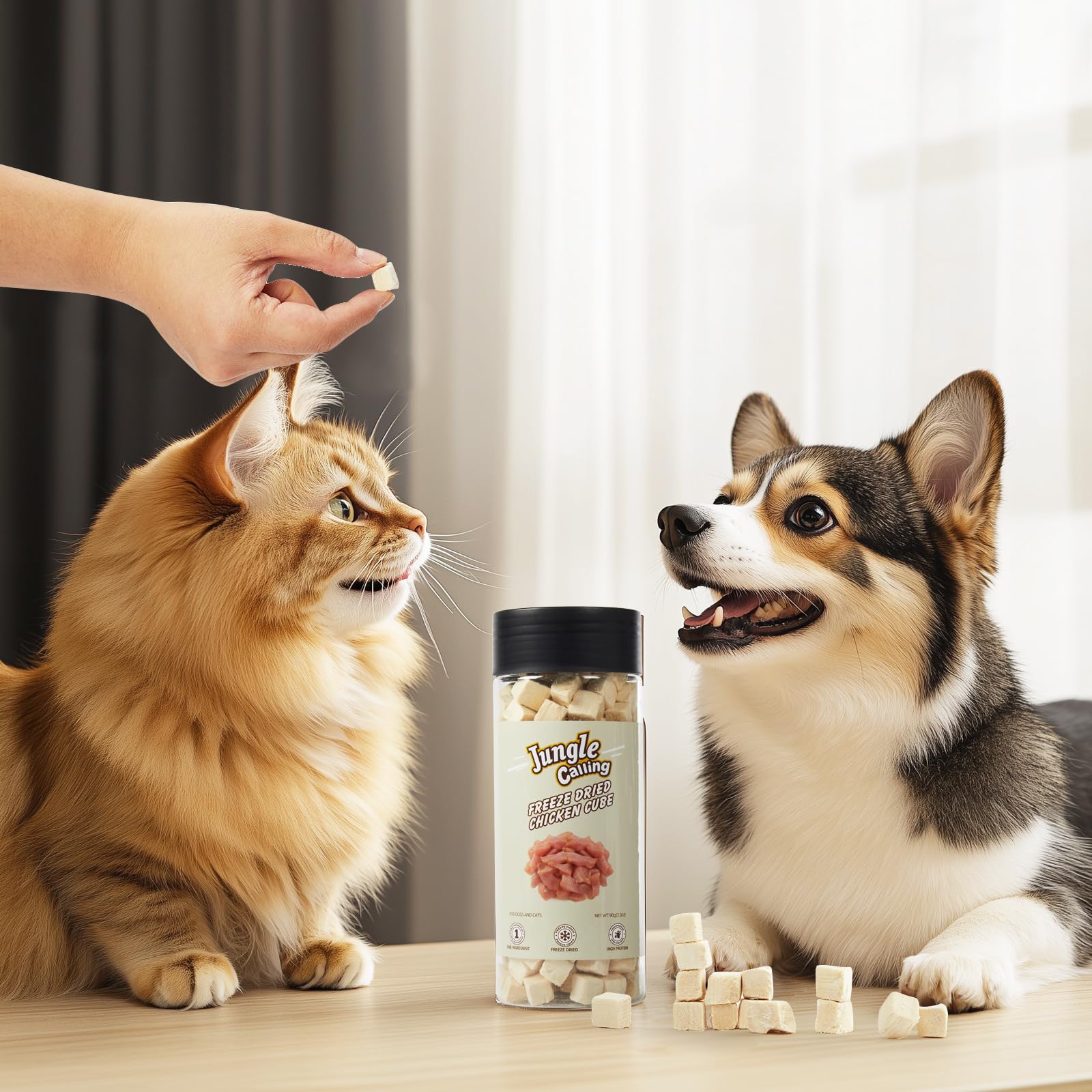 Jungle Calling Freeze Dried Chicken Cat & Dog Treats, Raw Single Ingredient Chicken Bites, High Protein Grain Free Pet Training Treats & Food Topper (Chicken Cubes, 3.2 oz)