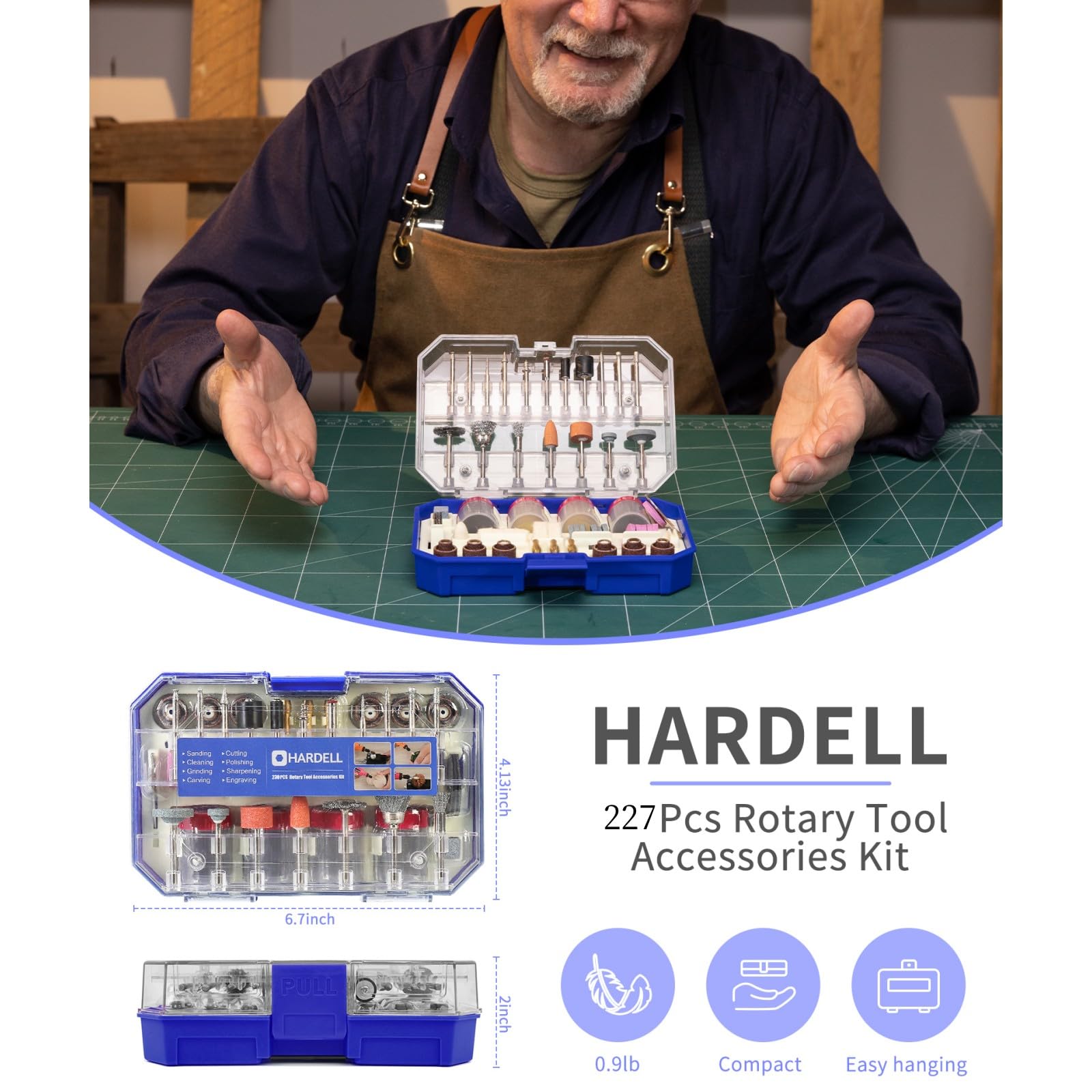 HARDELL Rotary Tool Accessories, 227pcs Power Rotary Tool Accessories Kit, 1/8"(3.2mm) Diameter Shanks, Universal Fitment for Easy Cutting, Polishing, Sanding, Carving, Grinding, Engraving