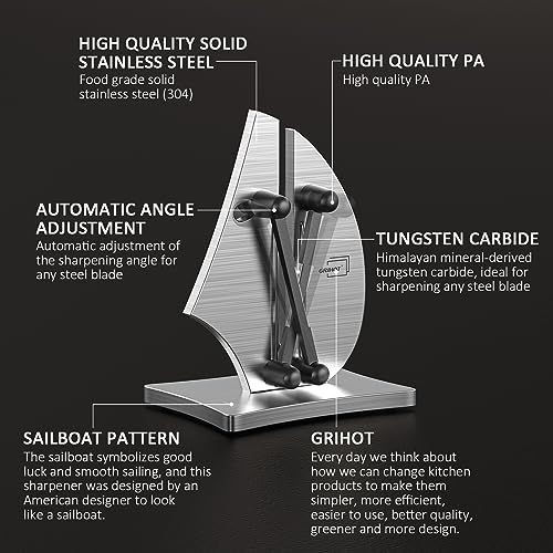 Grihot Professional Knife Sharpener | 3-Function Knife Sharpeners for Kitchen Knives, Self-Adjusting Sharpening AngleSolid Stainless Steel and Tungsten Carbide (Upgrade Sailboat Shape)