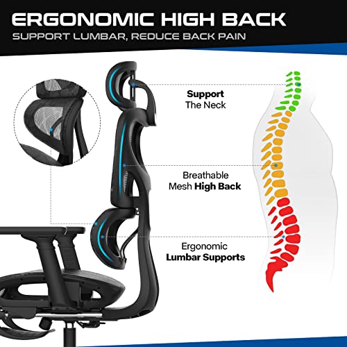 Laziiey Ergonomic Office Chair with Lumbar Support, Mesh Desk Chair with 4D Adjustable Arms Headrest, High Back Computer Chair for Home Office Work (Black)
