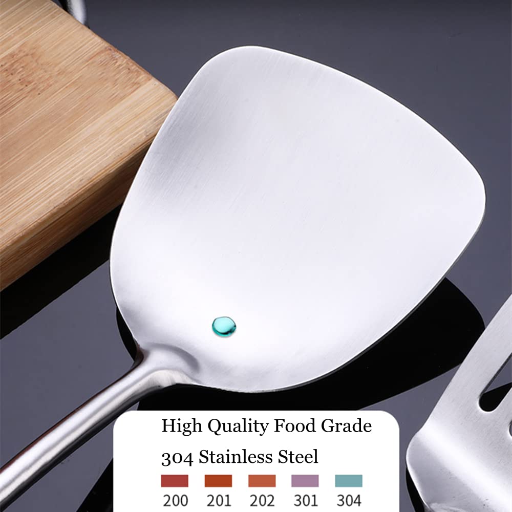 Cooking Utensils Set,7 PC 304 Stainless Steel Kitchen Utensils Set with Rotating Holder,Kitchen Tools Set,Wok Spatula,Soup Ladle,Slotted Spoon,Slotted Spatula,Server Spoon,Pasta Server