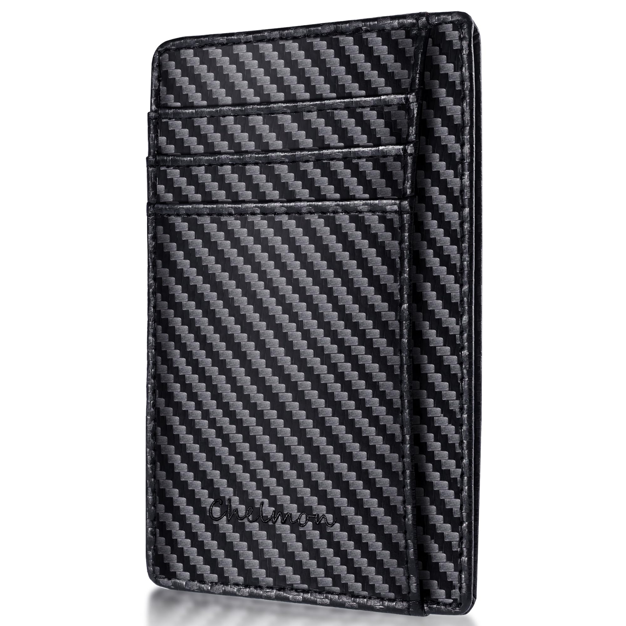 Chelmon Slim Wallet for Men, Minimalist Front Pocket RFID Blocking Faux Leather Slim Wallet Secure Credit Card Holder for Men (Black Carbon)