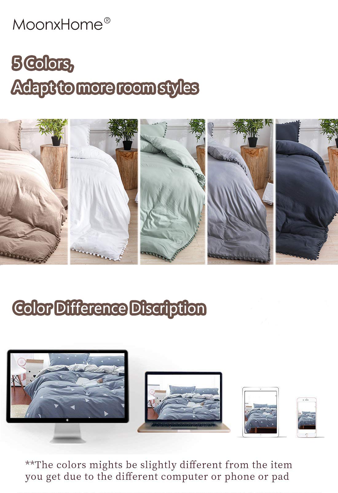 MoonxHome Duvet Cover Set Queen Size Boho Aesthetic Comforter Cover Bed Set Ball Pom Poms Fringe Luxury 100% Super Soft Microfiber 3 Piece Duvet Cover Set Includes 2 Pillow Shams Tawny