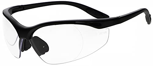 Full Lens Magnifying Safety Glasses - Safety Reading Glasses for Men, Women, Work, Healthcare, Riding - with Black Lightweight Wrap-Around Frame - Z87.1 Certified - UV Protection - Clear Lens, 1.50
