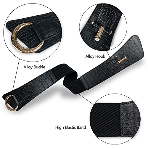 JOYMIN Women's Fashion Vintage 2.8" Wide Elastic Stretch Waist Belt With Interlock Buckle Crocodile Embossed Classic Leather Belt,Black
