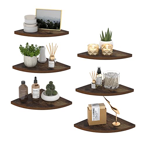 HORLIMER 6 Pack Wall Mount Floating Corner Shelf, Rustic Wood Corner Wall Shelves for Bedroom, Living Room, Bathroom, Kitchen