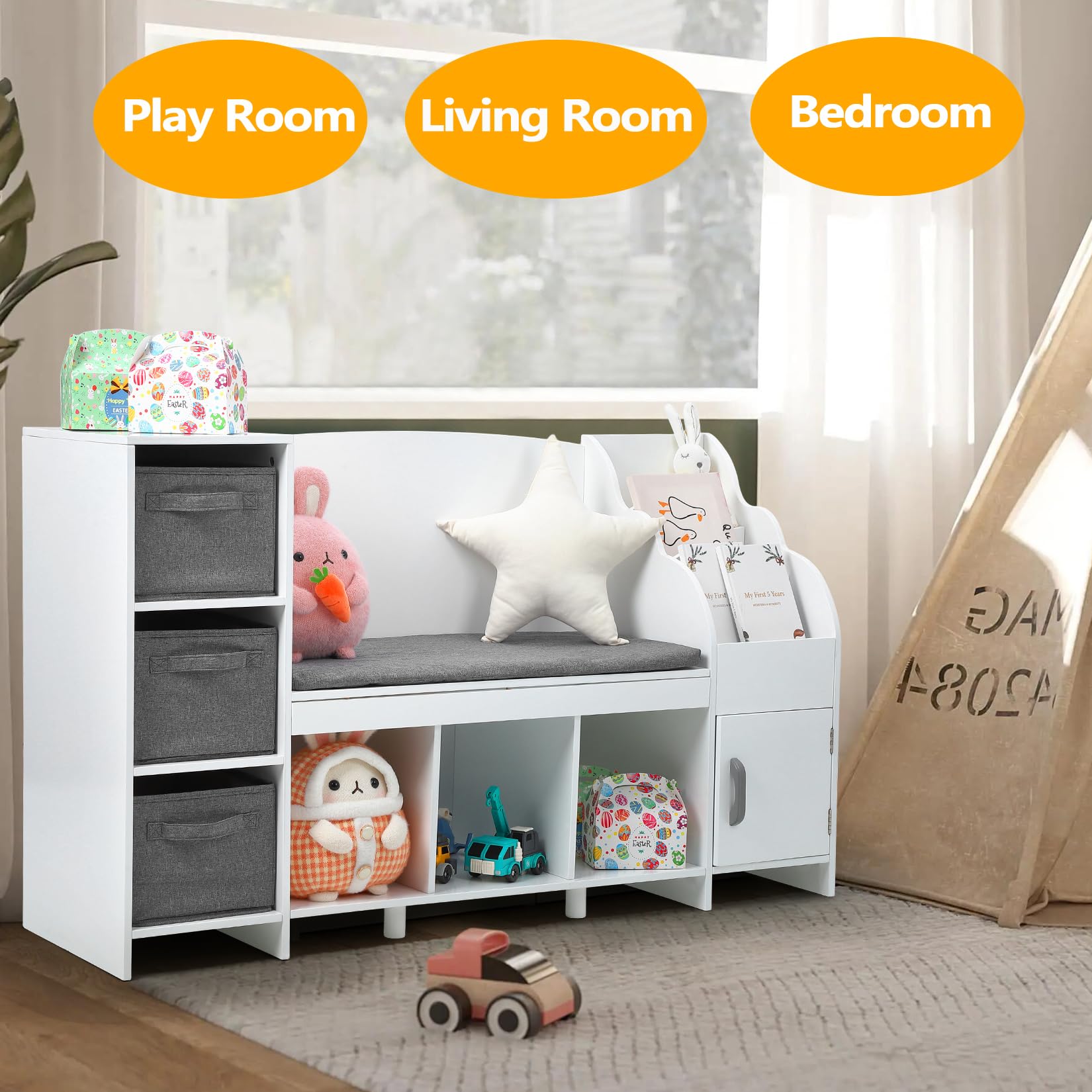 Kids Bookshelf with Reading Nook, Bookcase with Detachable Cushion ,Storage Organizer with Book Rack for Bedroom, Playroom, Gift for Boys and Girls, White