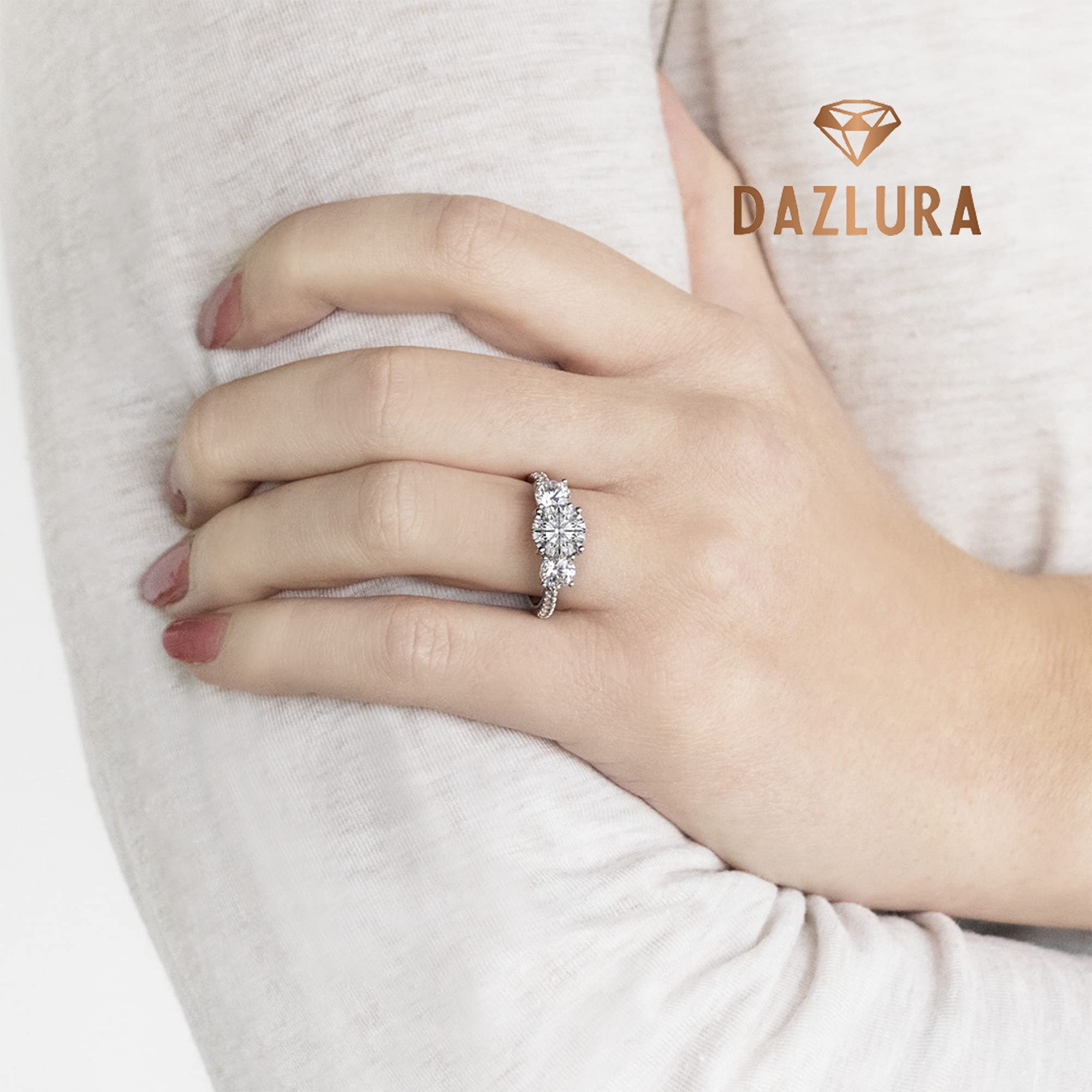 Dazlura 3 Stone Engagement Ring With Accents In 925 Sterling Silver Moissanite Round Cut White VVS Clariry Diamond Solitaire Ring Set With Wedding Eternity Band - 12.5 Bridal Ring Set