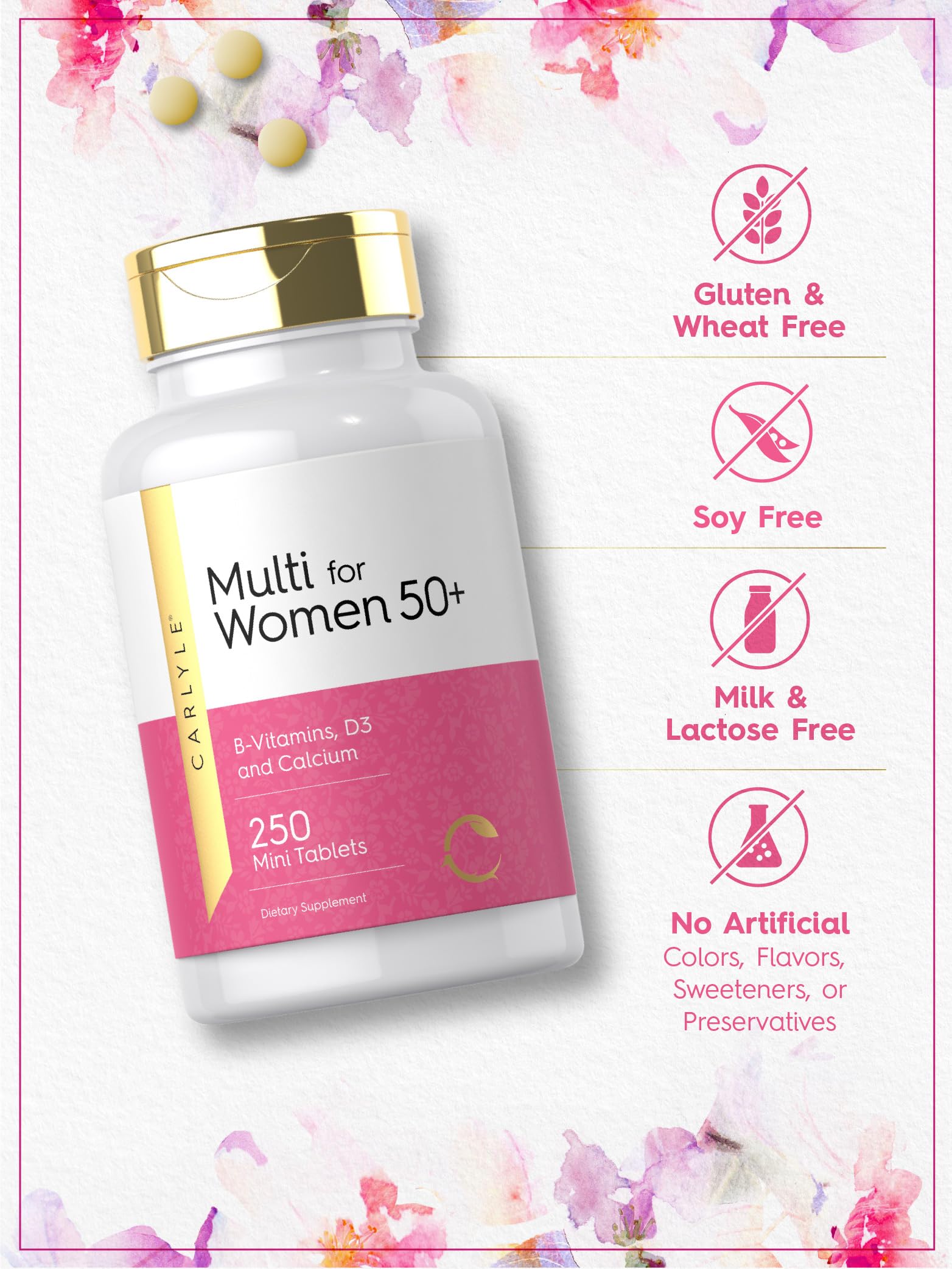 Carlyle Multivitamin for Women 50 and Over | 250 Caplets | Iron Free | with B-Vitamins, D3, and Calcium | for Women 50 Plus | Gluten Free
