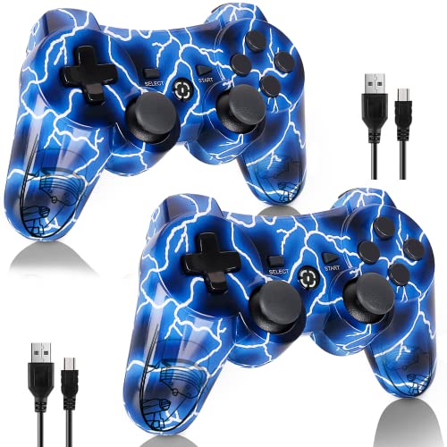 OUBANG 2 Pack Remotes Work with PS3 Controller Wireless, Cool Blue Gamepad Compatible with Playstation 3 Controller, Wireless Game Control for PS3 with Upgraded Joystick, Pa3 Controllers for PS3 Gift
