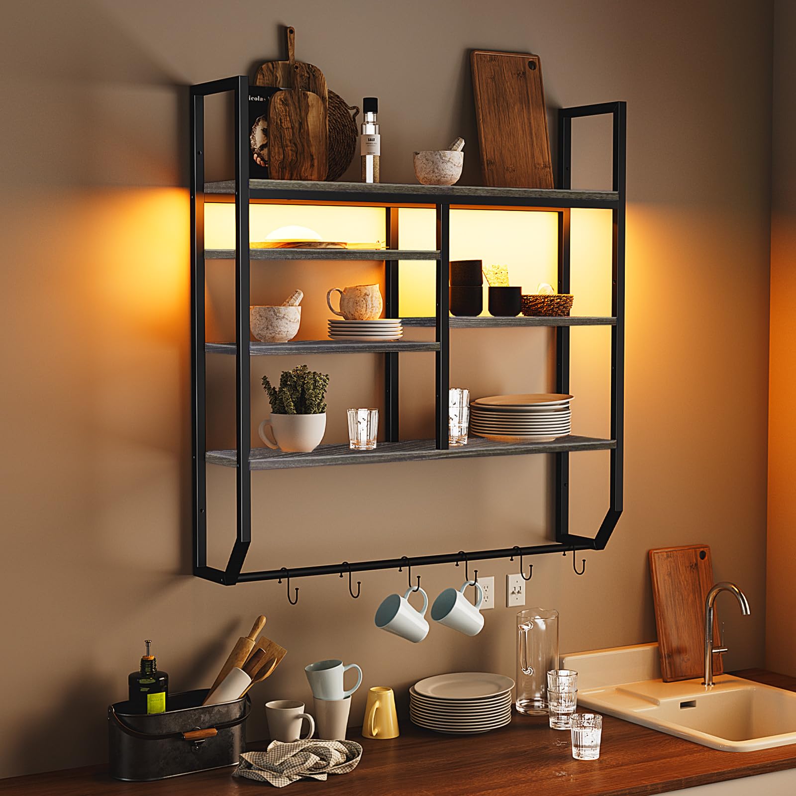 Joyvilla Gaming Floating Shelves with Lights, Led Shelves with Adjustable Shelf, Wall Display Shelves for Gaming Room Decor, Kitchen,Bathroom, Office, Floating Bar Shelves, Gray