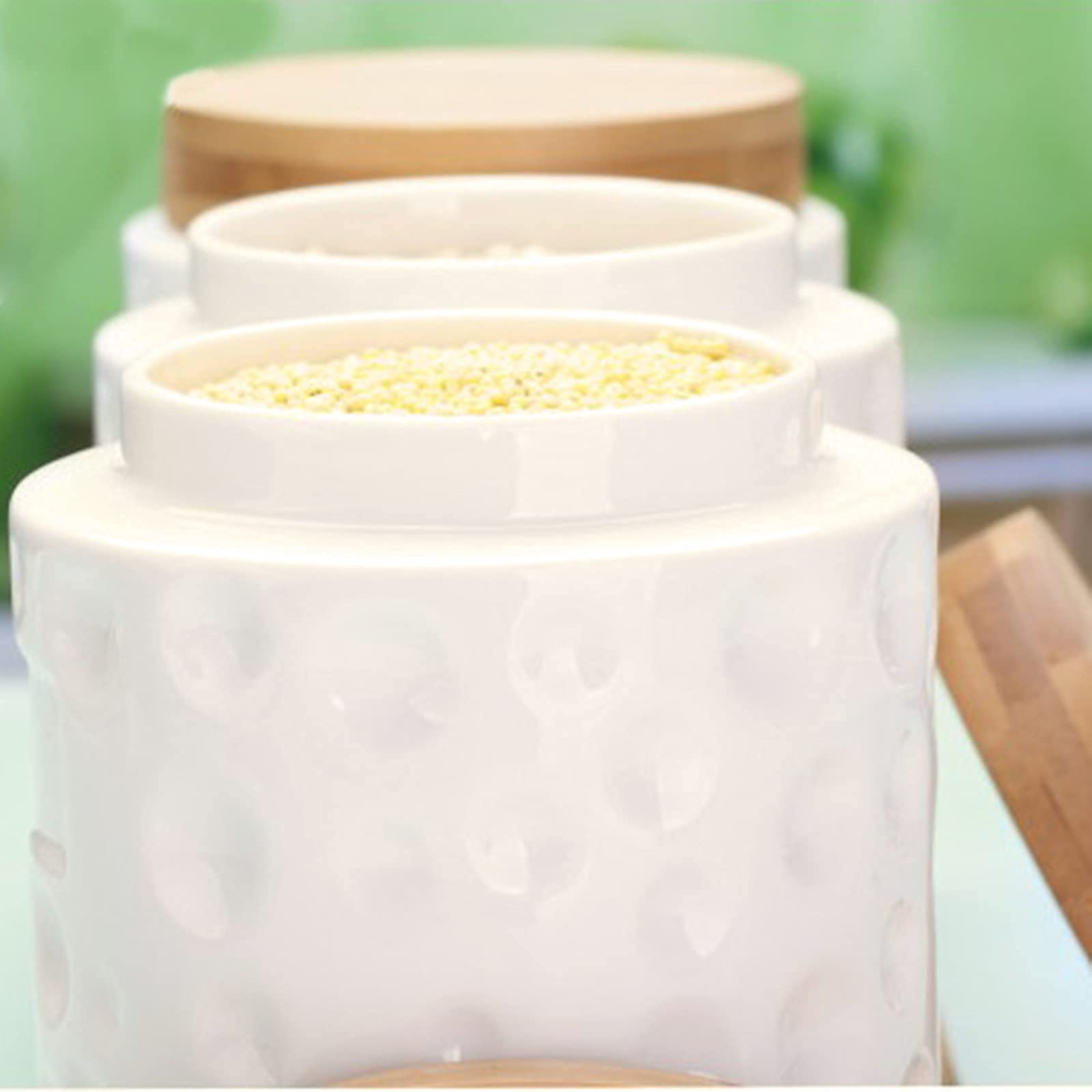DEAYOU 3 Pack Porcelain Food Storage Jars, Ceramic Cookie Small Canister with Bamboo Wood Lid and Label, Coffee Tea Sugar Containers for Kitchen Counter, Serving Spice, Nuts, Salt, White, 20 OZ