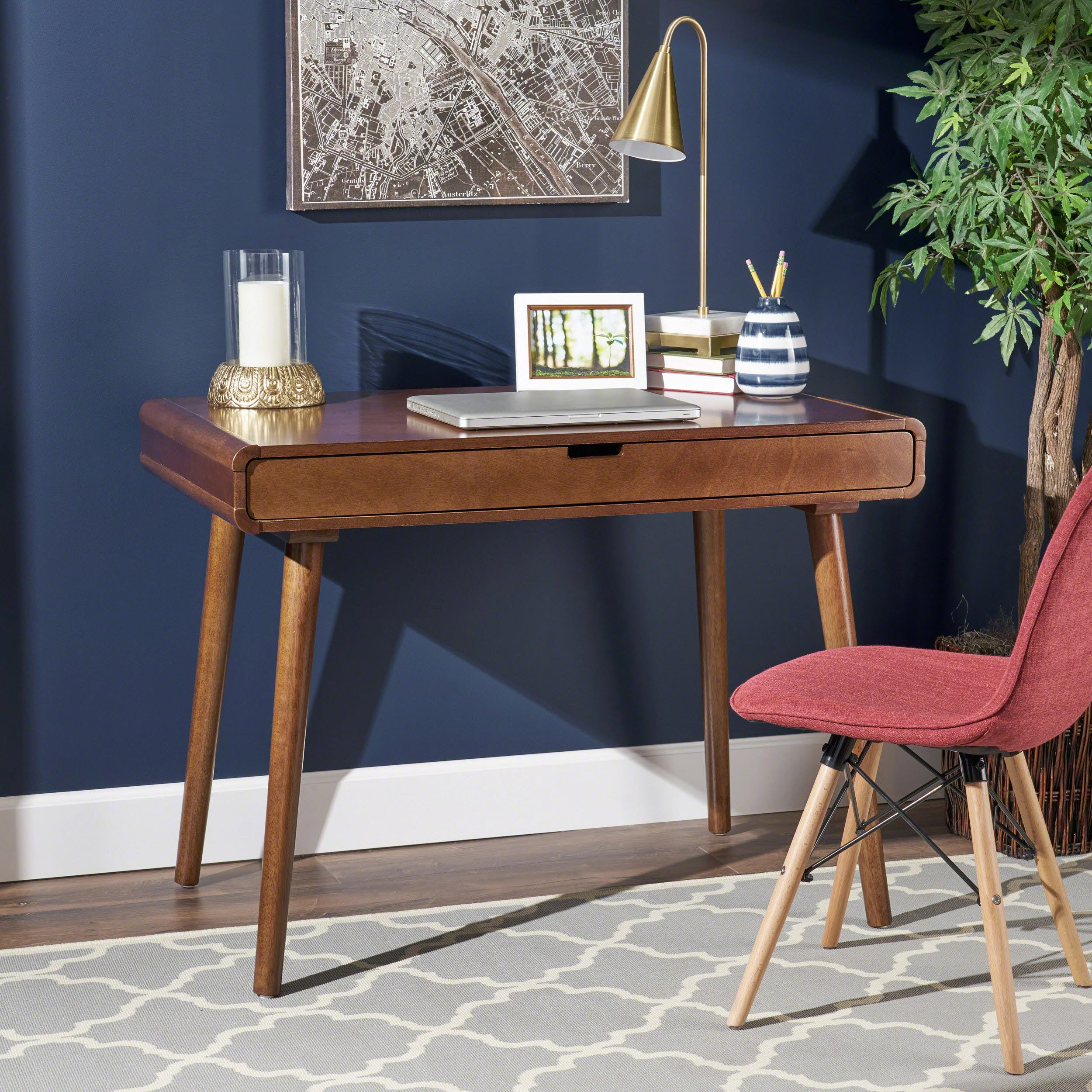 HyorecyTech Home Office Vintage Desk with rubberwood Legs, Solid Wood Writing Desk with Large Drawer, Mid Century Solid Wood Computer Desk for Home Office, Reading Room (Wood Desk- Brown)
