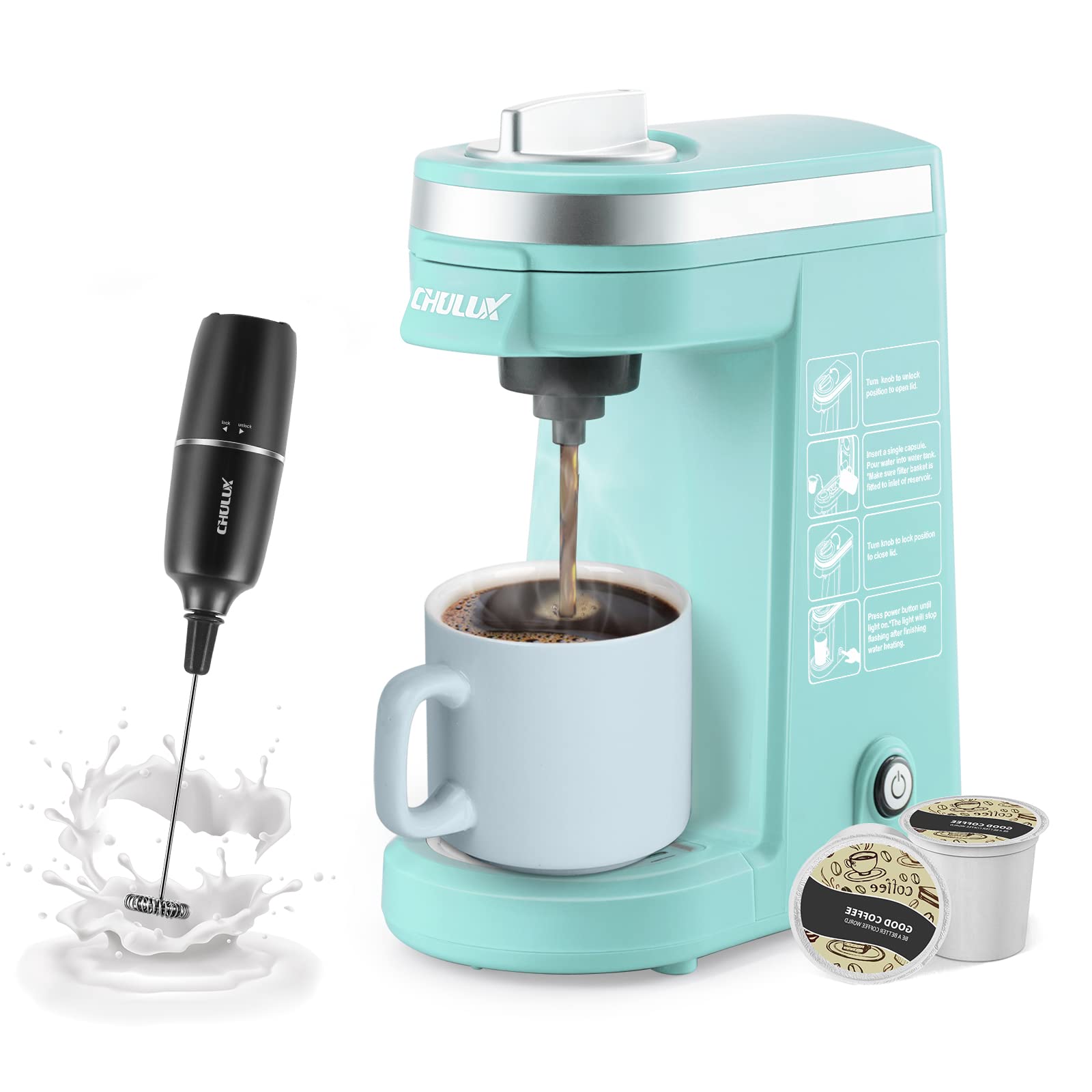 CHULUX Single Cup Coffee Maker with Milk Frother,One Button Operation Compact Coffee Machine with Auto Shut-Off for Capsule or Ground Coffee,Cyan