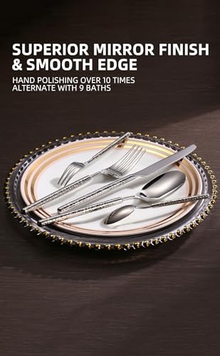 HODOQIAM 10-Piece Silverware Set, Stainless Steel Flatware Set for 2, Modern Hammered Utensil Tableware Set Include Dinner Knife/Fork/Spoon, Mirror Finish, Dishwasher Safe (10, silver)
