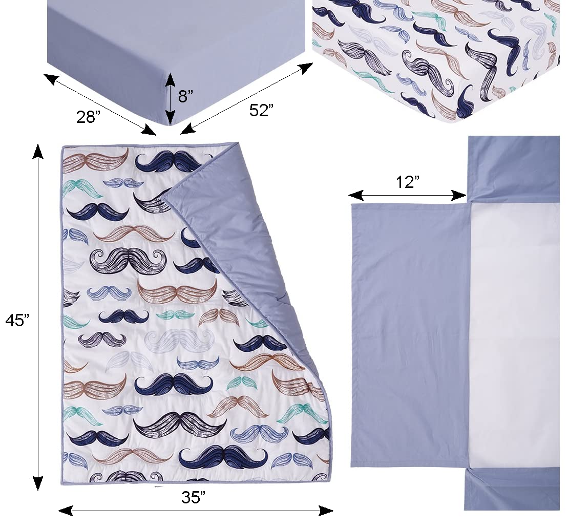 Noisy Mouse - Boho Little Man Mustache, Premium, 100% Organic Cotton 4-Piece Baby Boy Nursery Bedding Crib Set | Baby Comforter | 2 X Fitted Crib Sheets | Crib Skirt (White, Teal, Black, Brown, Blue)
