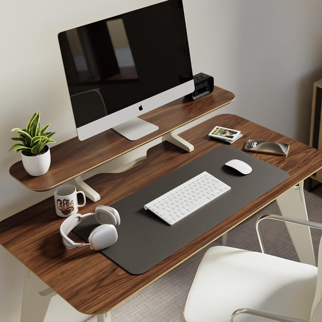 HOEK, Desk, No-Tools, Easy Assembly, Space-Saving, Modular, Mid-Century Modern, Sustainable, Headphone Hook, Monitor Shelf, Home Office, Study, Writing,Working, 23Dx30Hx47.5W (Walnut Top/Black Legs)