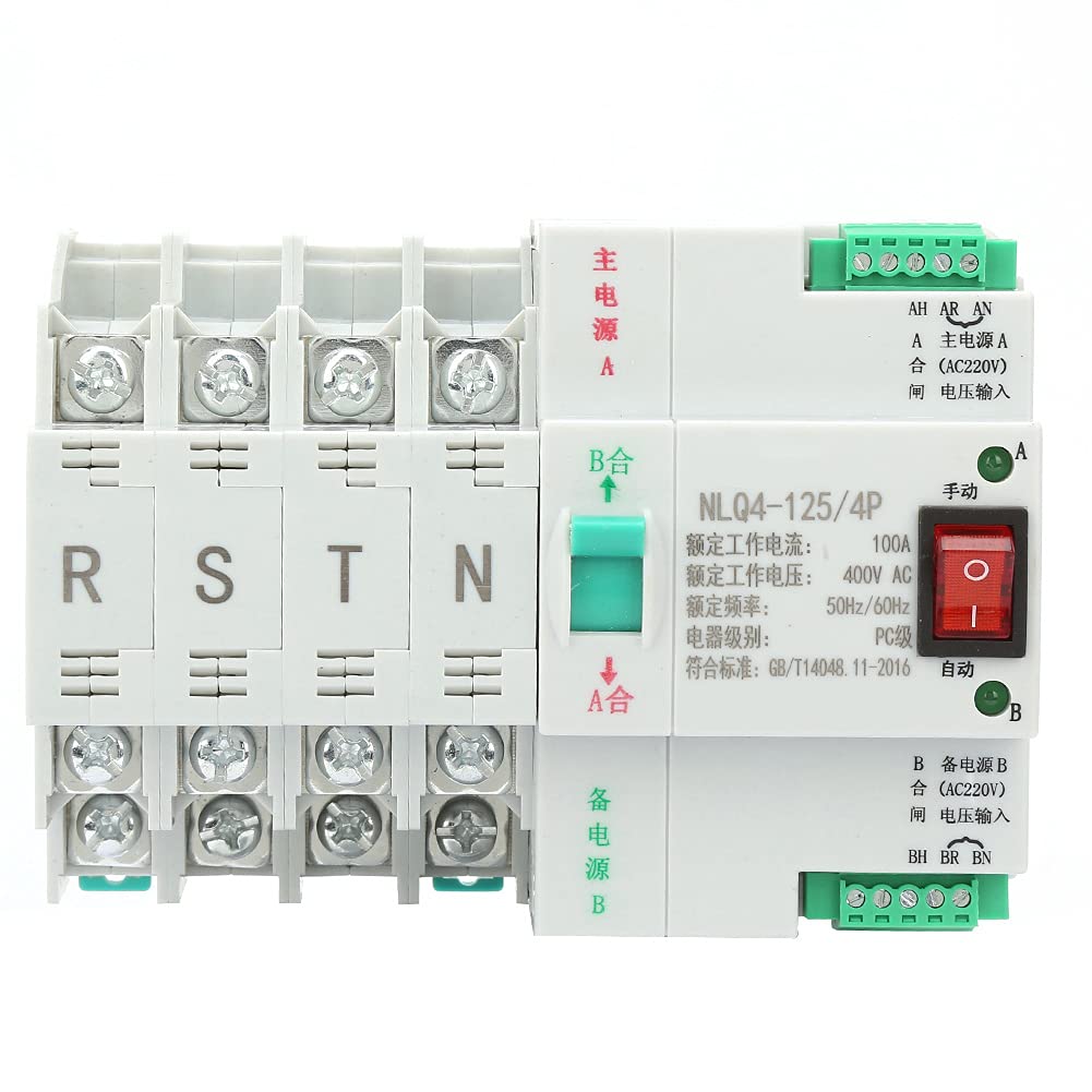 Dual Power Automatic Transfer Switch AC 400V 4P 63A/80A/100A ATS PC Automatic Changeover Toggle Switch Double Transfer Switch for Municipal Electricity, Generator(100A)