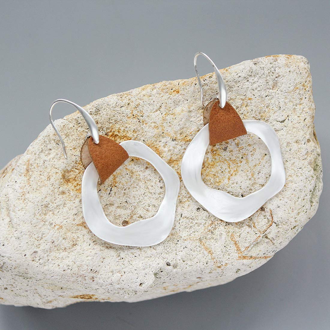 CrownUS Leather Hammered Earring Packs Boho for Women Ladies Silver Plated Irregular Geometric Dangle Drop Ear Jewelry