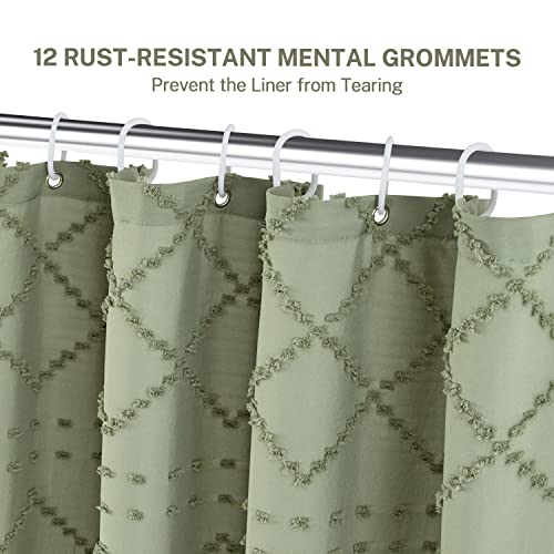Siiluminisoy Sage Green Boho Shower Curtain Woven Fabric Cute Shower Curtain, 72 x 72 Tufted Chevron Textured Striped Modern Farmhouse Minimalist Cloth Shower Curtain Set with Hooks for Bathroom