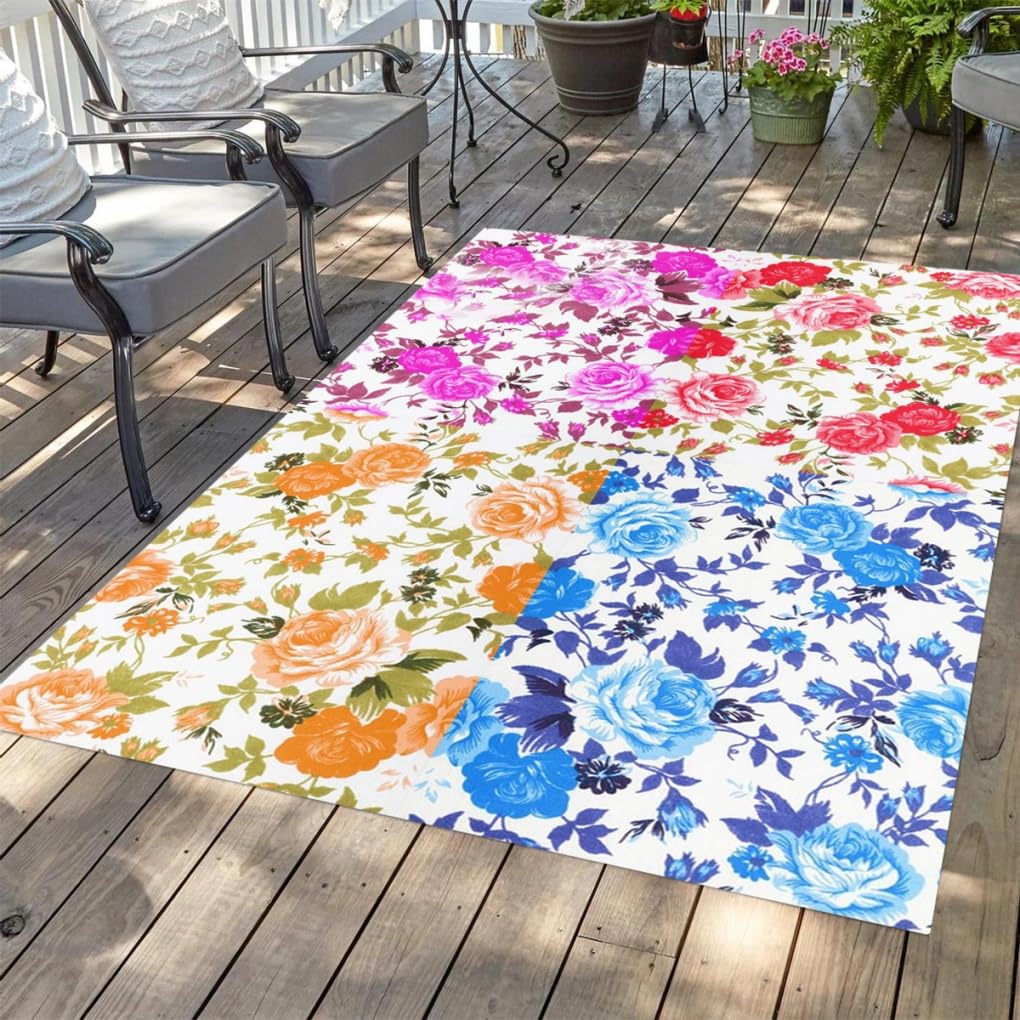 Colorful Flowers Patchwork Indoor Outdoor Area Rug 2x3 Waterproof Washable Reversible Rug for Patio Deck Backyard Balcony Boho Livingroom Bedroom Camping Rv Picnic Carpet Mat