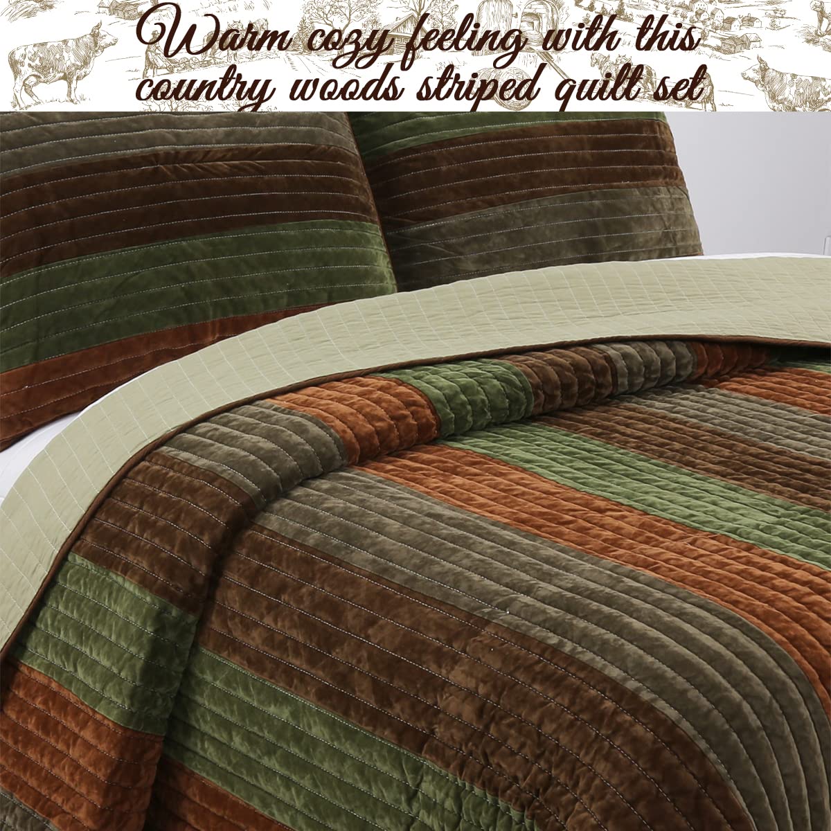 Cozy Line Home Fashions Rhett Dark Brown Sage Green Bold Striped Velvet Reversible Quilt Bedding Set, Coverlet, Bedspread Set (Brown/Sage, Queen - 3 Piece)
