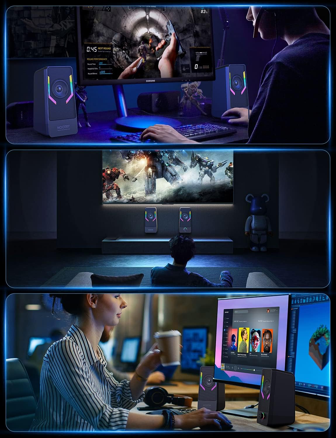 NOOTRY Computer Speakers, Gaming Desktop Speakers with 7Color Backlit, 10W USB Powered Volume Control Speakers, 2.0CH Stereo Laptop Speaker, Bluetooth&USB Audio for PC, Monitor, Mac, Tablet, Phone