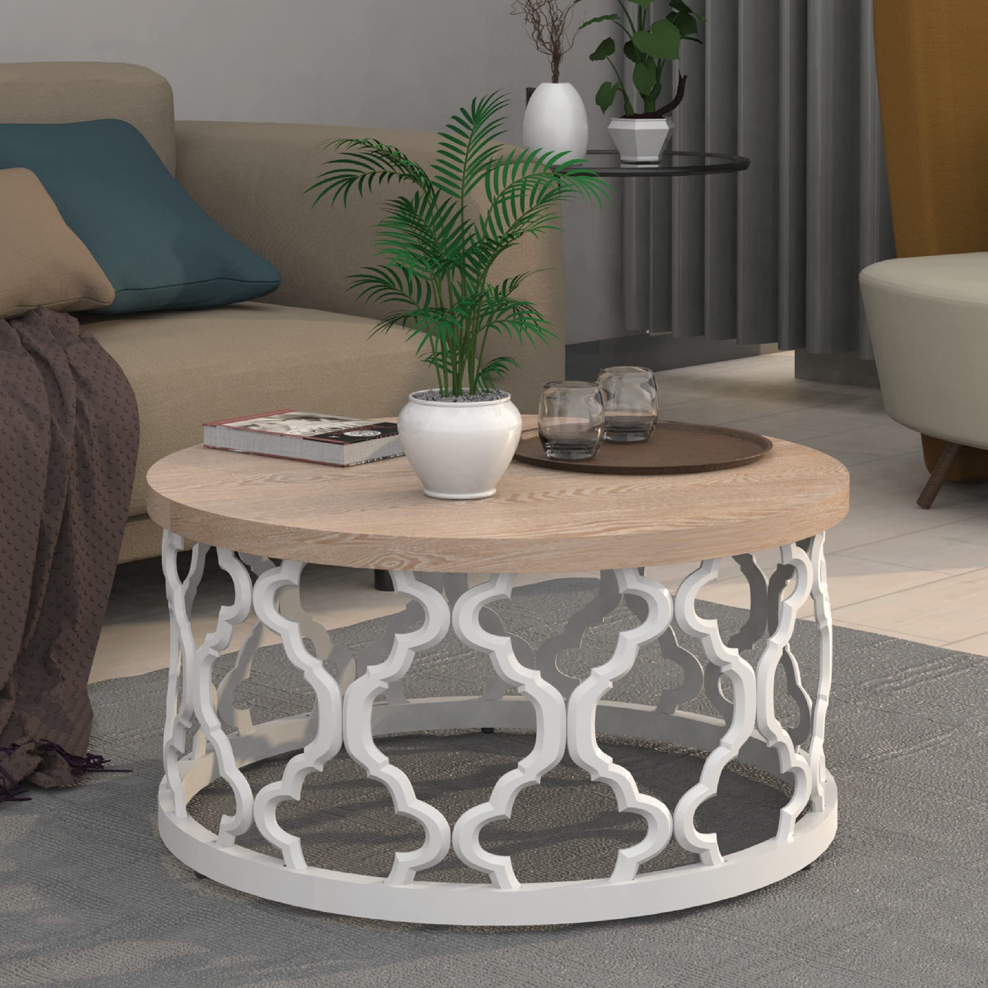 Clredg Round Farmhouse Coffee Table, Wood Grain Top Table with Curved Motif Frame Base for Rustic, Boho, Rustic, French Country Decor, Traditional White