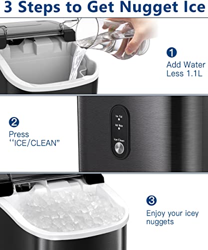 Kndko Nugget Ice Maker with Handle,33lbs/Day, Produce a Basket in 1.5 Hour, Self-Cleaning, One-Click Design, Compact Ice Maker Nugget with Chewy Ice for Home Bar Party,Black