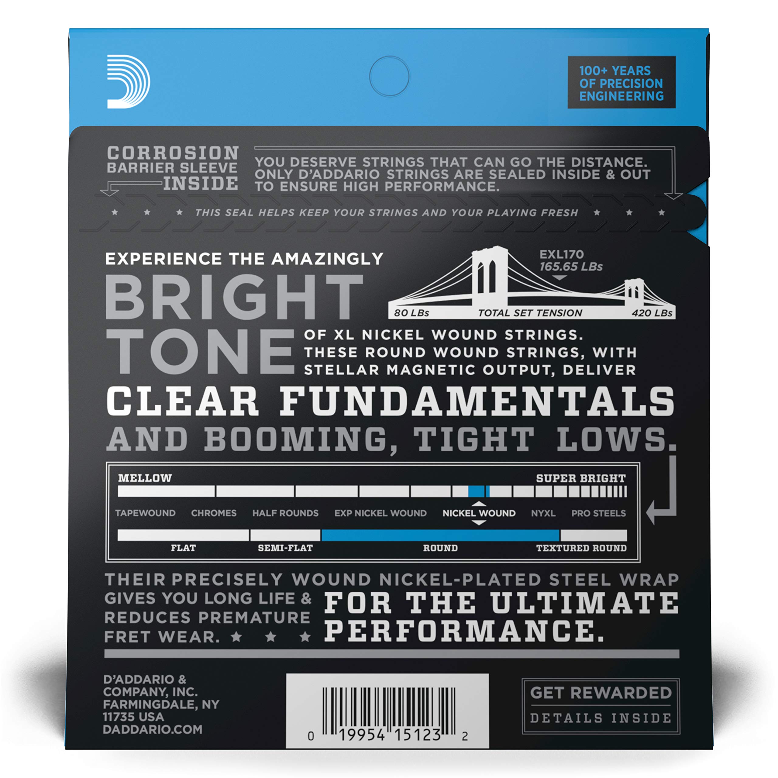 D'Addario XL Nickel Bass Strings - EXL170 - 45-100 Regular Light for 4-String Bass Guitars, Perfect Intonation and Feel