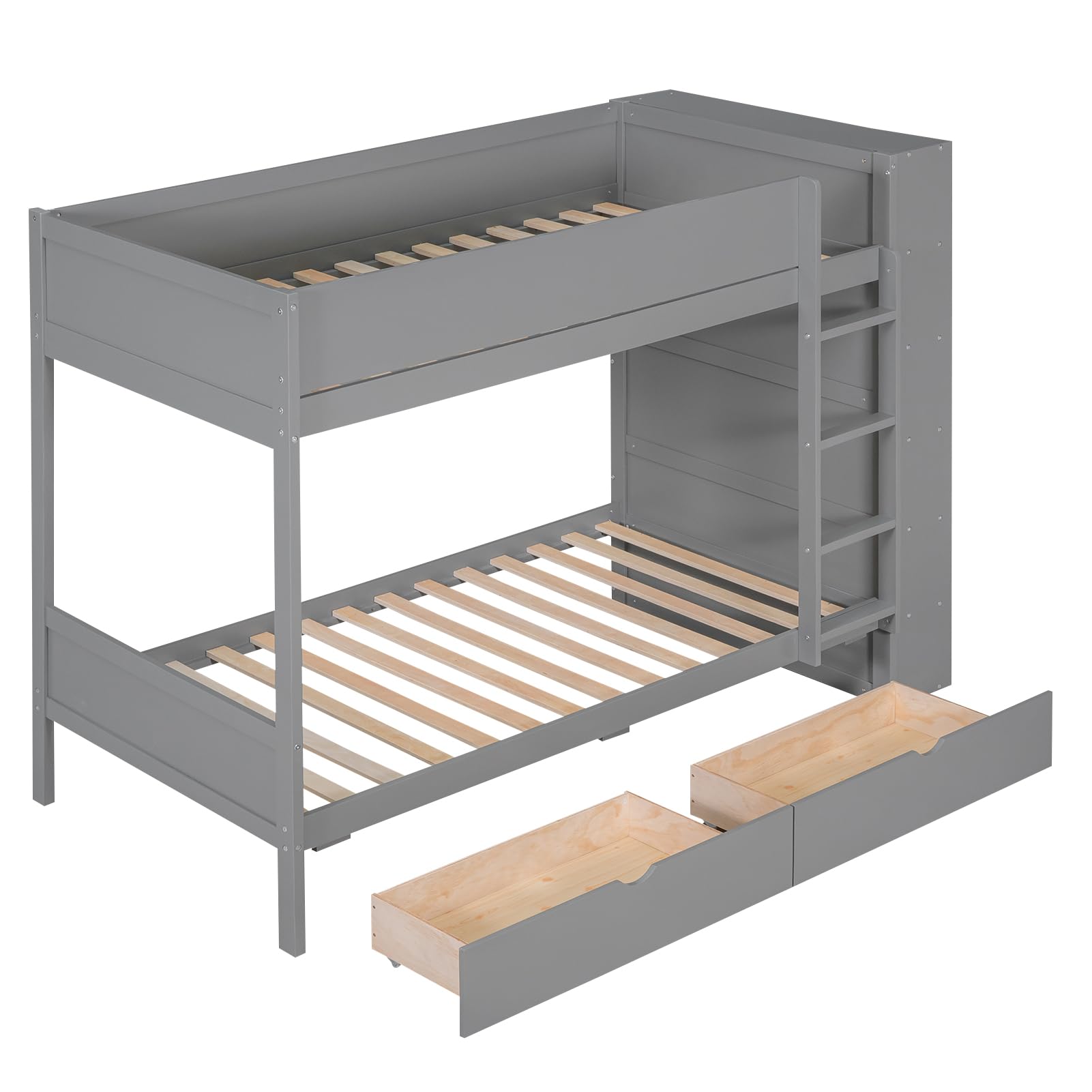 Harper & Bright Designs Twin Over Twin Bunk Beds with Storage Drawers & Bookshelves, Wood Bunk Bed Frame with Guardrails & Ladder for Kids, Teens, Adults (Gray)