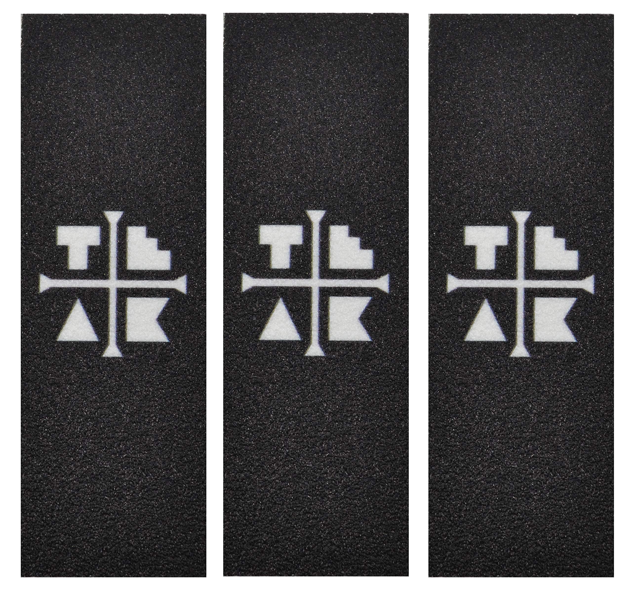 Teak Tuning 3PK Premium Fingerboard Skate Grip Tape, Black & White Logo Edition - 38mm x 114mm - Set of 3 Sheets - Adhesive Backing