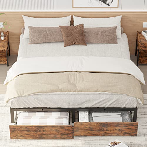 LIKIMIO Bed Frame King, Metal Platform Bed with 2 Industrial Wood Storage Drawers and 12 Strong Steel Slats, No Box Spring Needed/Easy Assembly/Noise-Free/Space-Saving
