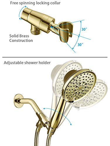G-Promise Luxury High Pressure 5β Face 6 Setting Detachable Handheld Shower Head with Extra Long Flexible Metal Hose(70β Stretches to 75β), Adjustable Metal Holder, Polished Brass Finish (2.5GPM)