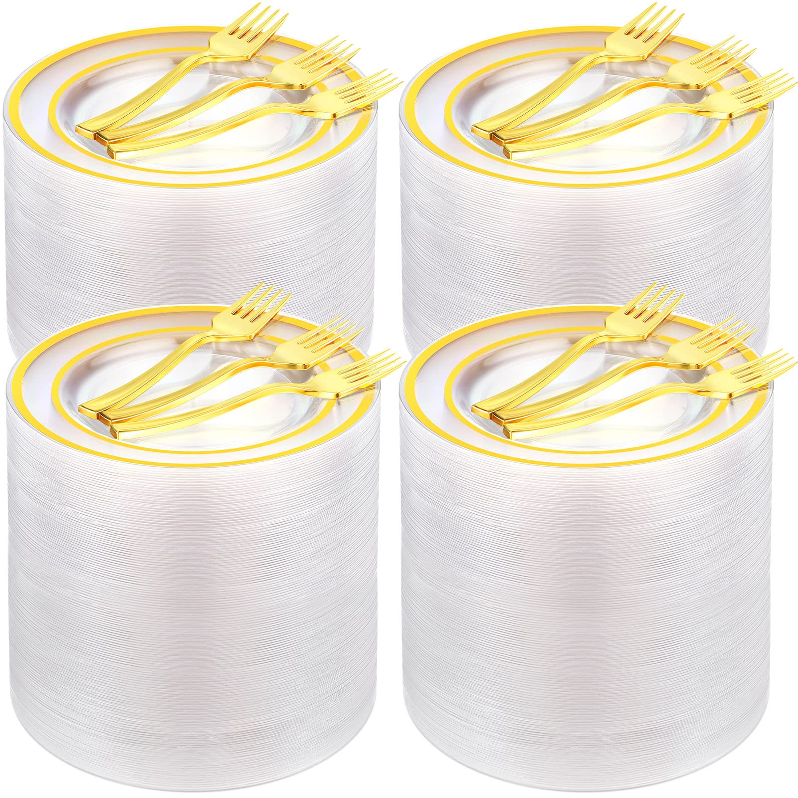 Eccliy 200 Pieces Gold Plastic Dessert Plate Sets 100 Clear Disposable Cake Plate 6 Inch and 100 Fork 5 Inch Gold Rim Round Salad Appetizer Plate Folk Set for Buffet Hotel Birthday Wedding Party