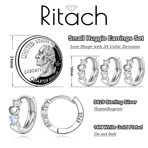 Double Love Heart Silver Huggie Hoop Earrings for Women Cubic Zirconia 925 Sterling Silver Cute Sleeper Earrings for Women