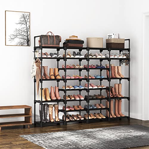 ROJASOP Large Shoe Rack Storage Organizer for Closet Entryway, 62-66 Pairs Sturdy Tall Shoe Rack for Closet with Side Hooks Garage Shoe Rack Stackable Boot Shoe Rack for Bedroom