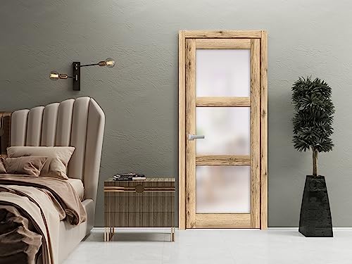 Solid French Door 36 x 84 inches | Lucia 2552 Oak | Single Regular Panel Frame Trims Handle | Bathroom Bedroom Sturdy Doors